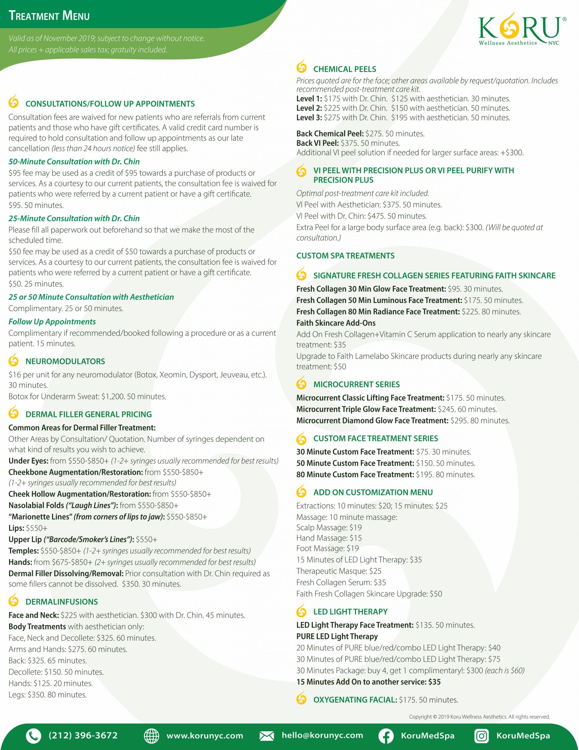 Prices List | Koru Health Wellness and Medical Aesthetics