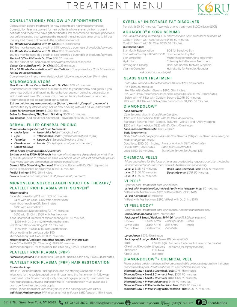 PRICE LIST March 2023 | Koru Health Wellness and Medical Aesthetics